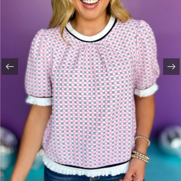Voy | Tops | Pink And White Checkered Tweed Puff Sleeve Stripe Ruffle ...